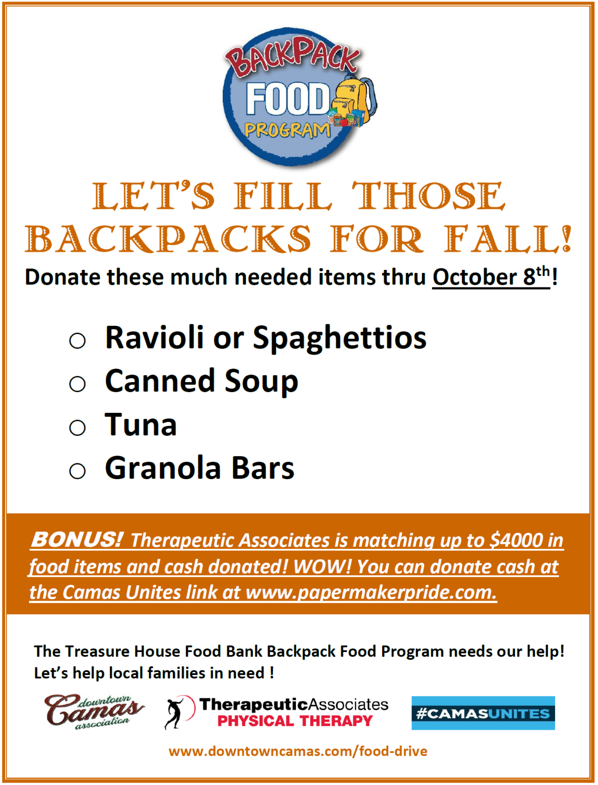 Let's Fill Those Backpacks For Fall! Downtown Camas Food Drive ...